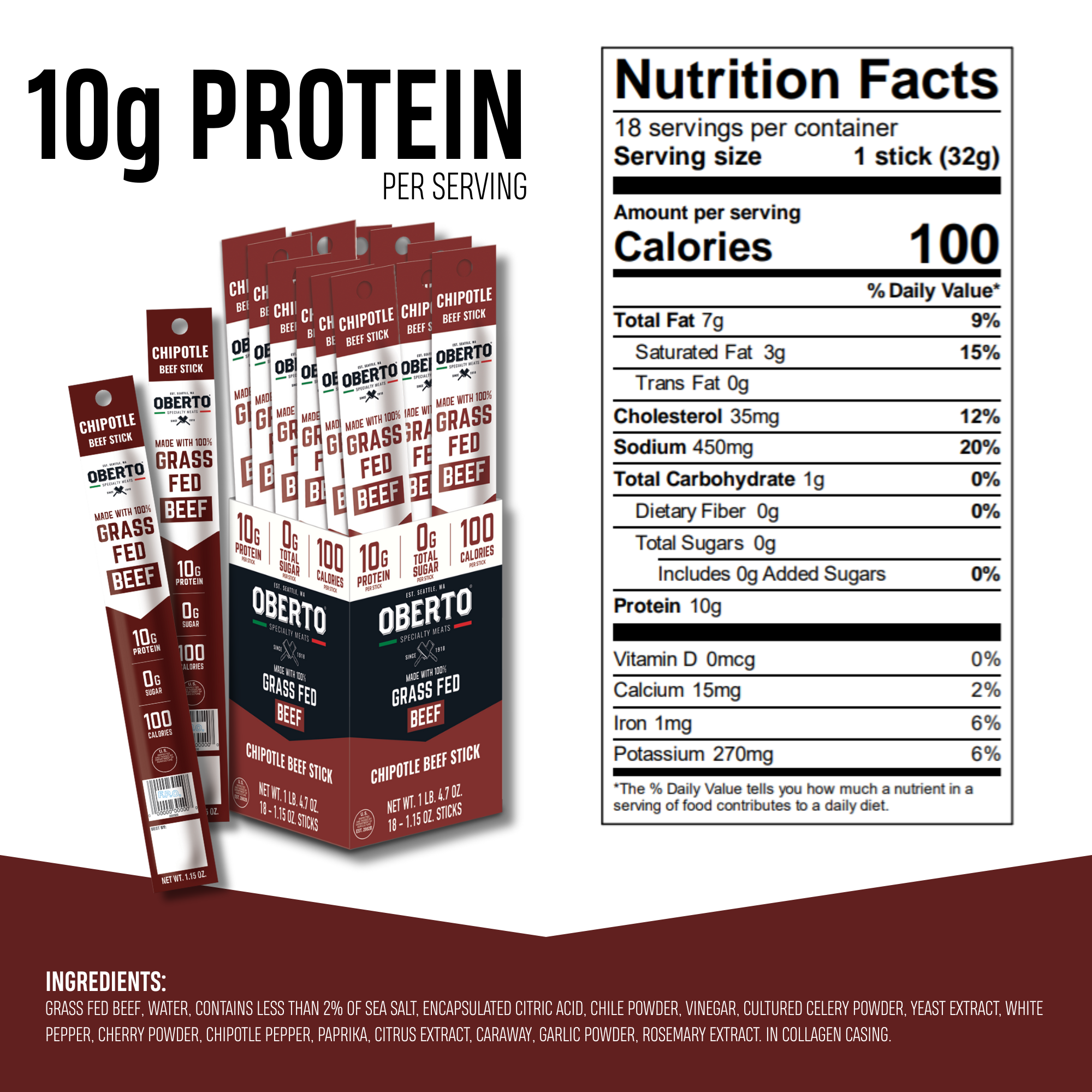 Chipotle Grass Fed Beef Sticks - 18 Pack – Oberto Snacks Inc.